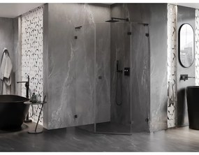 Mexen Lunar, L pravý výklopný pětiúhelníkový sprchový kout 80 x 90 cm, 8mm čiré sklo, černý profil, 831L-080P-090L-70-00-P