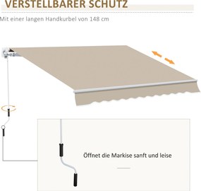 Manuální zatahovací kazetová markýza Outsunny 3,95 m s kličkou pro balkón - sluneční clona, stěnová montáž, hliník, Bílá + Béžová 395 x 245 cm