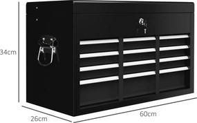 HOMCOM Box na nářadí, kufr na nářadí bez nářadí, se 6 zásuvkami, zámek, box na nářadí s rukojetí, box na nářadí, ocel, černý, 60 x 26 x 34 cm