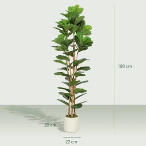 HOMCOM umělý fíkovník (Fiddle Leaf Fig), 180 cm, 91 listů, kmen z masivního dřeva, v květináči — realistická plastová rostlina do obýváku, ložnice, k…