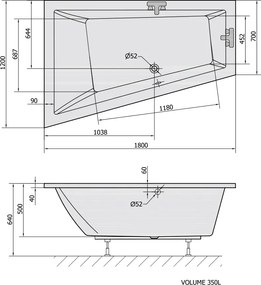 Polysan, TRIANGL L asymetrická vana 180x120x50cm, bílá, 19611