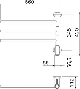 Elektrický sušák na ručníky – nerezový a černý koupelnový žebřík - 3 otočná rovná ramena (PAX FLEX I) Varianta el. žebříku: Nerez - s časovačem