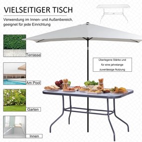 Outsunny Obdélníkový Zahradní Stůl s Zakřivenými Kovovými Okraji a Otvorem pro Slunečník, Temperované Sklo 70kg Kapacita 140x80x70 cm Tmavě Šedá