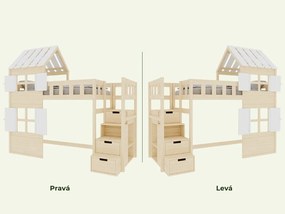 Benlemi Zvýšená postel CHALOUPKA s poloviční střechou a úložnými schody 90x200 cm Zvolte barvu: Bílá s transparentně lakovanými prvky, Zvolte stranu: Vlevo
