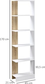 HOMCOM Regál na Knihy s 5 Policemi, Multifunkční Knihovna pro Studium a Kancelář s Zvýšeným Podstavcem, Elegantní Design 45x21x170 cm, Bílá a Dub