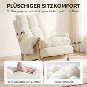 HOMCOM Houpací křeslo s bočními kapsami, potah Snow-flanel a nohy z gumovníkového dřeva, krémově bílé