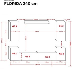 Ral Obývací stěna FLORIDA 2, 240 cm - Bílý lesk