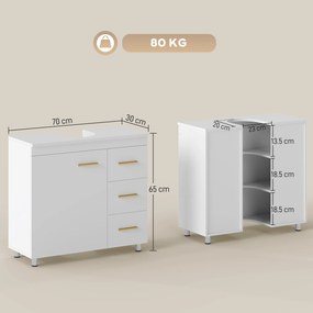 HOMCOM spodní skříňka s U-výřezem, skříňka se 3 šuplíky, s tichým dovřením, 70 x 30 x 65 cm, bílá