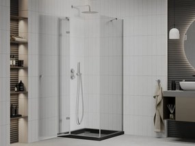 Mexen Roma, sprchový kout s křídlovými dveřmi 90 (dveře) x 90 (stěna) cm, 6mm čiré sklo, chromový profil + slim sprchová vanička černá + chromový sifon, 854-090-090-01-00-4070