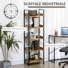 HOMCOM Knihovna v industriálním stylu s 5 policemi, Dřevěná a kovová knihovna pro domov a kancelář, 48x30x155cm, Rustikální hnědá