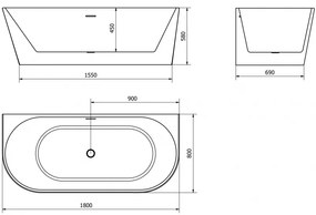 Mexen Oval, volně stojící nástěnná vana 180 x 80 cm, bílá, chromový přepad, 52671808000-01