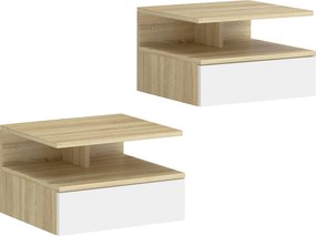 HOMCOM Sada 2 závěsných nočních stolků s šuplíkem na montáž na stěnu 35x32x22,5 cm, dub a bílá