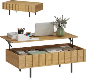HOMCOM Sklápěcí konferenční stolek se 2 skrytými přihrádkami a žebernými stranami, mid-century-modern styl, 110x55x36,5 cm, dub