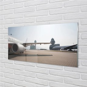 akrylový obraz letištní letadla nebe budovy 125x50 cm