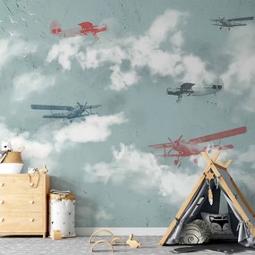 Fototapeta Sen malého pilota - letadla na obloze s mraky a ptáky pro děti
