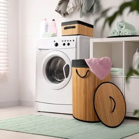 Compactor Bamboo černá / Bambusový koš na prádlo s víkem / kulatý / 75