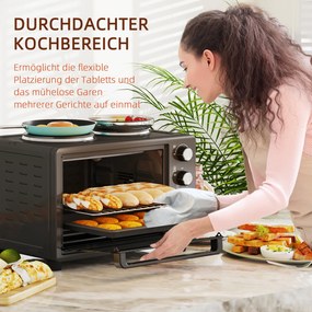 HOMCOM 28 L toustovací trouba, kompaktní trouba na vaření a grilování, elektrická trouba s pečicím plechem, roštem, 2600 W, černá