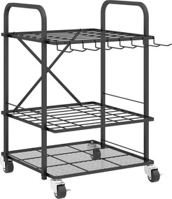 Organizér na zahradní nářadí Outsunny s 9 háčky, držák na 40 nástrojů, kovový regál na kolečkách do garáže pro nůžky, lopaty, hrábě, černý | Aosom