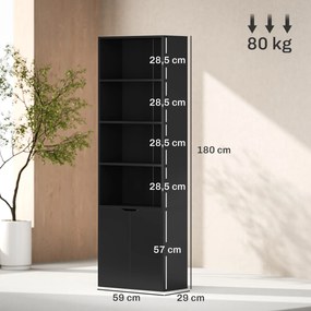 HOMCOM Knihovna s úložným prostorem a 4 otevřenými oddíly a 2 dvířky, Úložná police do obývacího pokoje, ložnice, kanceláře, 59 x 29 x 180 cm, černá