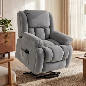 HOMCOM elektrické křeslo pro vstávání, sklápěcí 150°, široké sedadlo, masážní, vyhřívané, samet, světle šedé