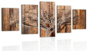 5-dílný obraz strom s imitací dřevěného podkladu - 100x50 cm