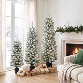 HOMCOM Sada 3 ks sněhem pokrytých LED vánočních stromků, úzké, s PVC větvemi, 90/120/150 cm
