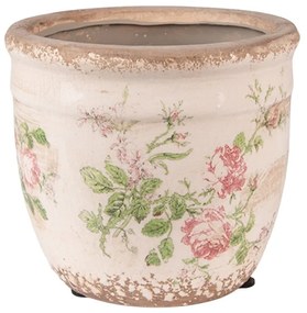 Béžový keramický obal na květináč s odřením a růžovými růžemi Roses V – 12x11 cm