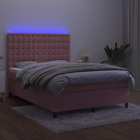 Box spring postel s matrací a LED růžová 140x200 cm samet 3136370