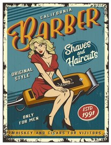 Modrá nástěnná kovová cedule Barber – 25x1x33 cm