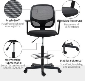 Ergonomická kancelářská židle Vinsetto kancelářská židle, otočná židle, kreslící židle, nastavitelný kroužek na nohy, do 120 kg, černá, 60x56x110-132…