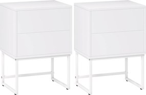 HOMCOM Sada 2 Úzkých Nočních Stolků s 2 Výsuvnými Zásuvkami a Ocelovými Nohy Moderní Styl 40x30x55 cm Bílá | Aosom