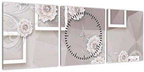Obraz s béžovými květy (s hodinami) (90x30 cm)
