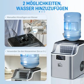 HOMCOM Výrobník kostek ledu, 20 kg/24h 2,3 l, s nádržkou na vodu 3,2 l, automatický čisticí program, nerezová ocel, 25,2 x 36 x 37,1 cm, stříbrná