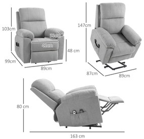 HOMCOM polohovací křeslo elektrické polohovací křeslo polohovací funkce dálkové ovládání masážní křeslo boční kapsa vzhled plátna světle šedá | Aosom