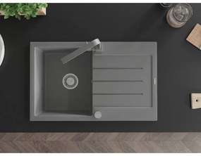 Mexen Bruno, dřez granitový 795x495x200 mm, 1-komorový, šedá s chromovým sifonem a šedá dřezová baterie Rita, 6513-71-670300-71