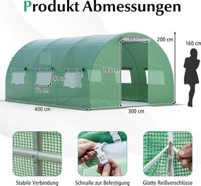 Costway Skleník |12 m² fóliovník s kovovým rámem skleník s 6 rolovacími okny