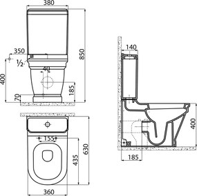 SAPHO ANTIK retro WC mísa kombi, zadní/spodní odpad, 37x63cm, bílá AN360