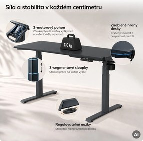 Elektrický stůl s regulací výšky ergonomický antracitový,1400x700 mm: ARIA
