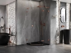 Mexen Lunar, L pravý výklopný pětiúhelníkový sprchový kout 100 x 100 cm, 8mm čiré sklo, profil růžové zlato, 831L-100P-100L-60-00-P