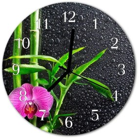 Nástěnné hodiny obrazové na skle - Bambus a orchidej