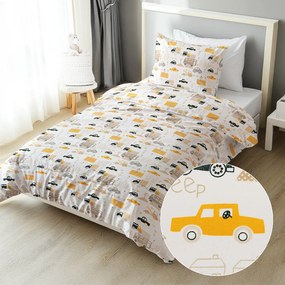 Biante Dětské bavlněné ložní povlečení Sandra SA-672 Žlutá a šedohnědá auta ve městě na bílém Jednolůžko 140x200 a 70x90 cm