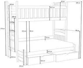 Dětská patrová postel z masivu borovice s rozšířeným spodním lůžkem LUKÁŠ se šuplíky - 200x90/140 cm - BÍLÁ
