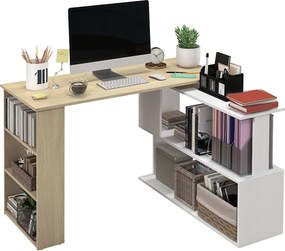 HOMCOM Rotající Rohový Stůl L-Tvarovaný Stůl s Policemi pro Kancelář a Učení 120x110x74,5 cm Přírodní a Bílý | Aosom