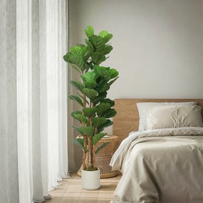 HOMCOM umělý fíkus lyrovitý, 150 cm – 71 listů, dřevěný kmen, v květináči, realistické plastové listí pro obývací pokoj, ložnici, kancelář, zahradu