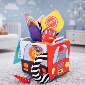 LEAN Toys Měkká senzorická kostka se zrcátkem autíčka a dopravní značky pro miminka
