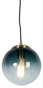 Art deco závěsná lampa mosaz s oceánově modrým sklem 20 cm - Pallon