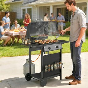 Outsunny Plynový gril 5 KW 2 hořáky BBQ grilovací vozík z nerezové oceli včetně bočního stolku spodní koš přední kryt teploměr smaltovaný grilovací r…