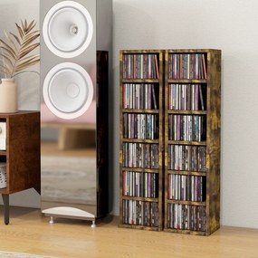 HOMCOM Sada 2 sloupkových polic CD-DVD skříň se 6 + 6 přihrádkami 21 x 22,5 x 88,5 cm maximální kapacita 204 CD rustikální hnědá