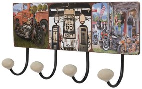 Nástěnný kovový věšák se 4-mi háčky Route 66 – 40x7x18 cm