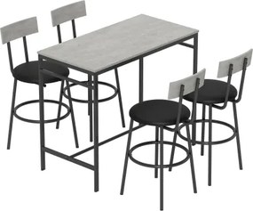 HOMCOM 5dílná sada barového stolu se 4 židlemi, průmyslový design, do kuchyně, jídelny, ocel, světle šedá